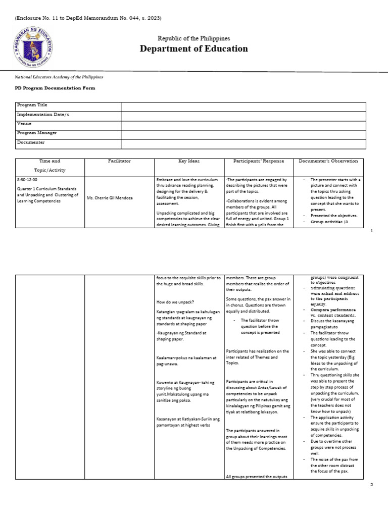 FOR DOCUMENTERS - PD Program Documentation Form | PDF | Curriculum | Education Theory