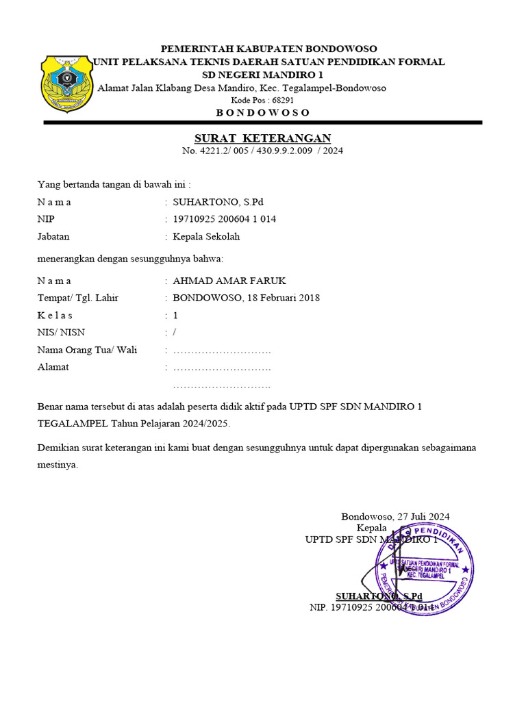 Contoh Surat Keterangan Siswa Pdf