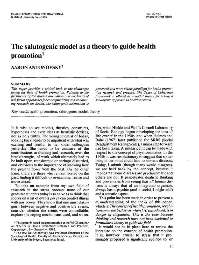 Salutogenic Model for Health Promotion | PDF | Theory | Health Promotion