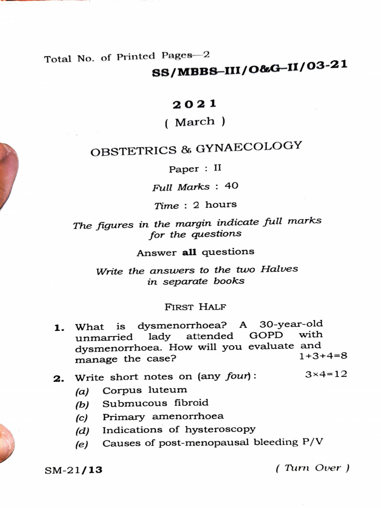 Final MBBS, Question Papers, March 2021 | PDF | Childbirth | Hemorrhoid