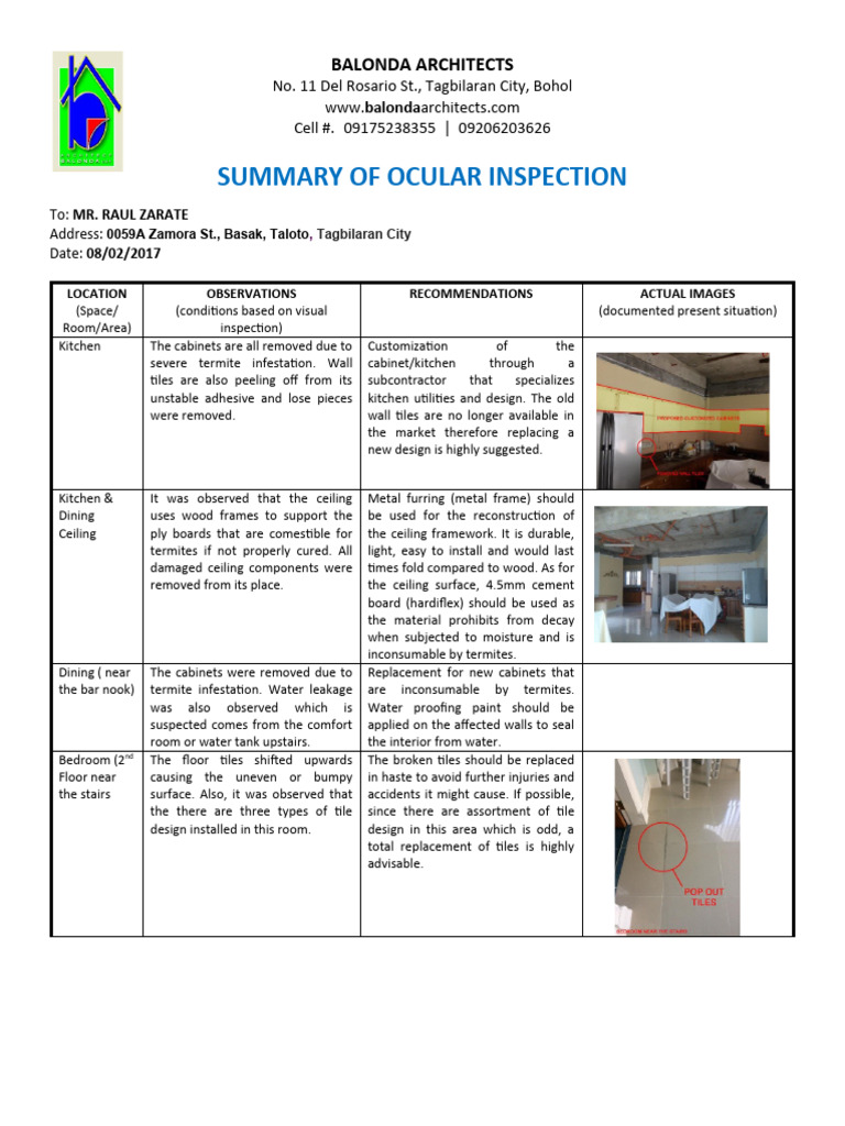 Summary of Ocular Inspection | PDF | Paint | Kitchen