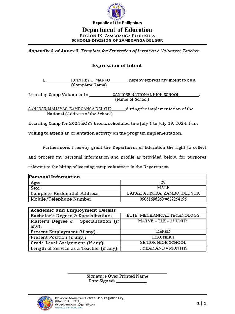 Appendix A of Annex 3 Template For Expression of Intent As A Volunteer Teacher | PDF
