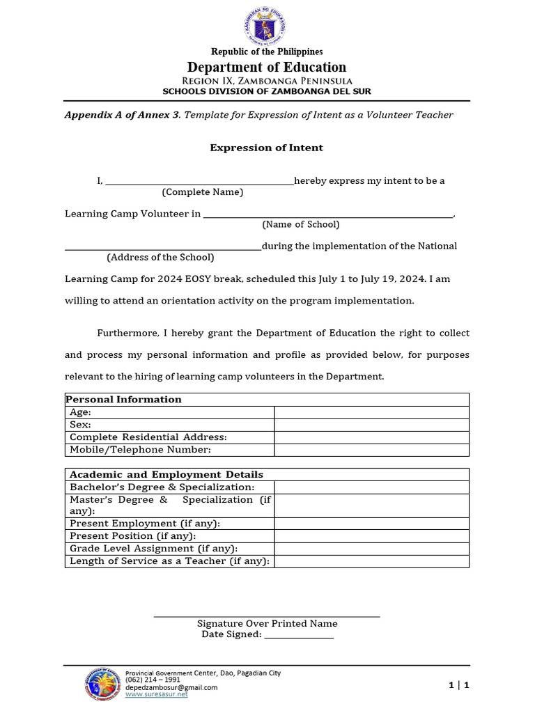 Appendix A of Annex 3 Template For Expression of Intent As A Volunteer ...