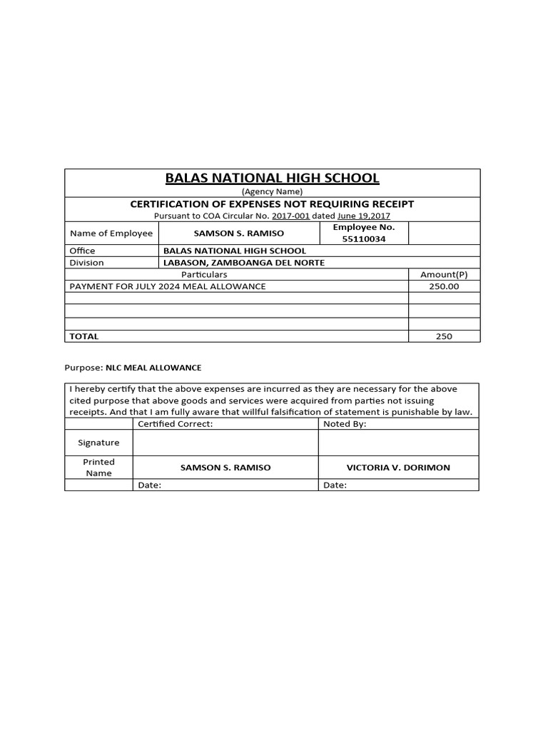 Balas National High School: Certification of Expenses Not Requiring Receipt | PDF | Expense ...