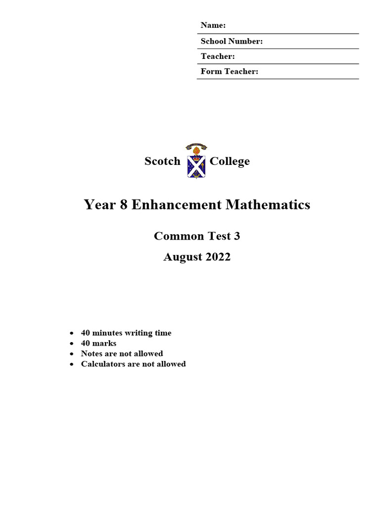 Year 8 Enhancement Math Test August 2022 | PDF | Mathematics | Arithmetic