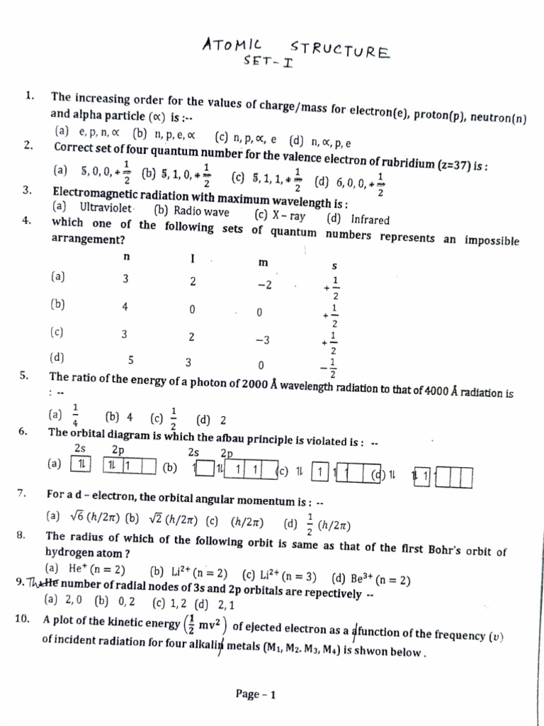 Atomic Structure MCQ Set 1 & 2 | PDF | Atomic Orbital | Electron