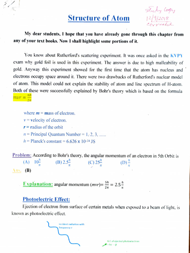 Atomic Structure Study Material | PDF | Atomic Orbital | Photoelectric Effect