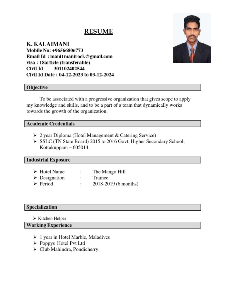 Hotel Management Resume of K. Kalaimani | PDF