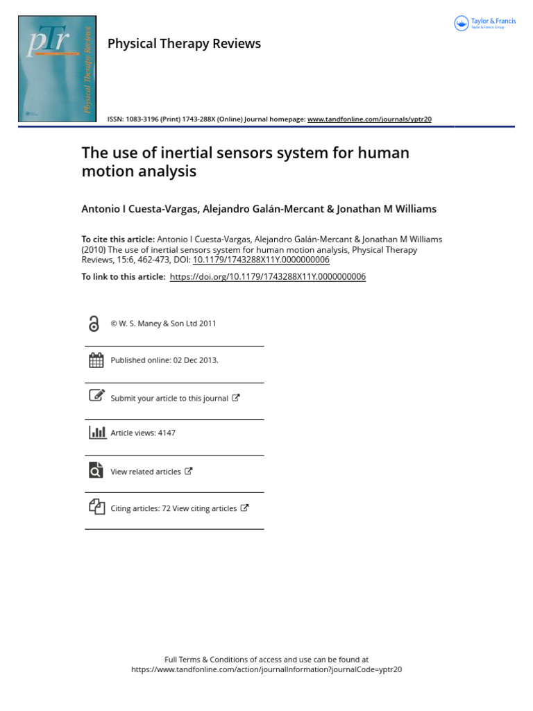 The Use of Inertial Sensors System For Human Motion Analysis | PDF ...