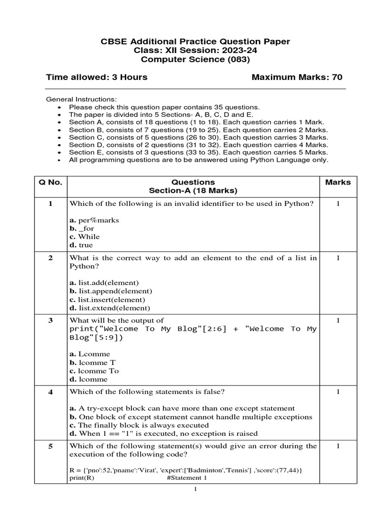 Computer Science Class 12th (XII) Sample Exam Paper 1 | PDF | World ...