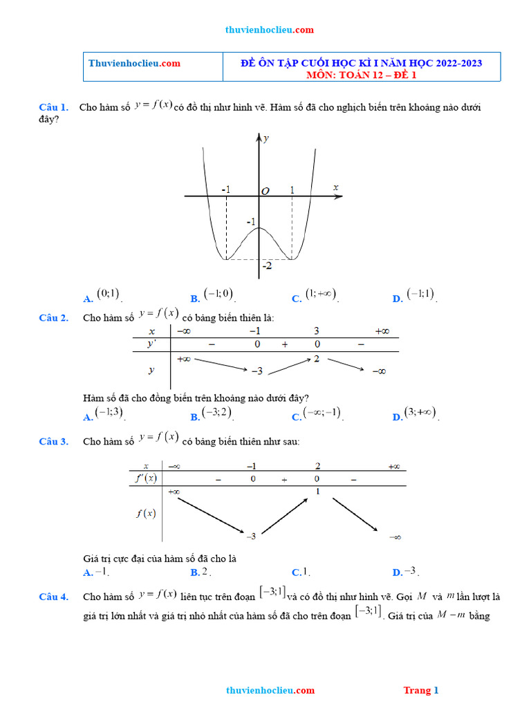 Đề Toán 12 HK1 - 2022-2023-co-dap-an | PDF