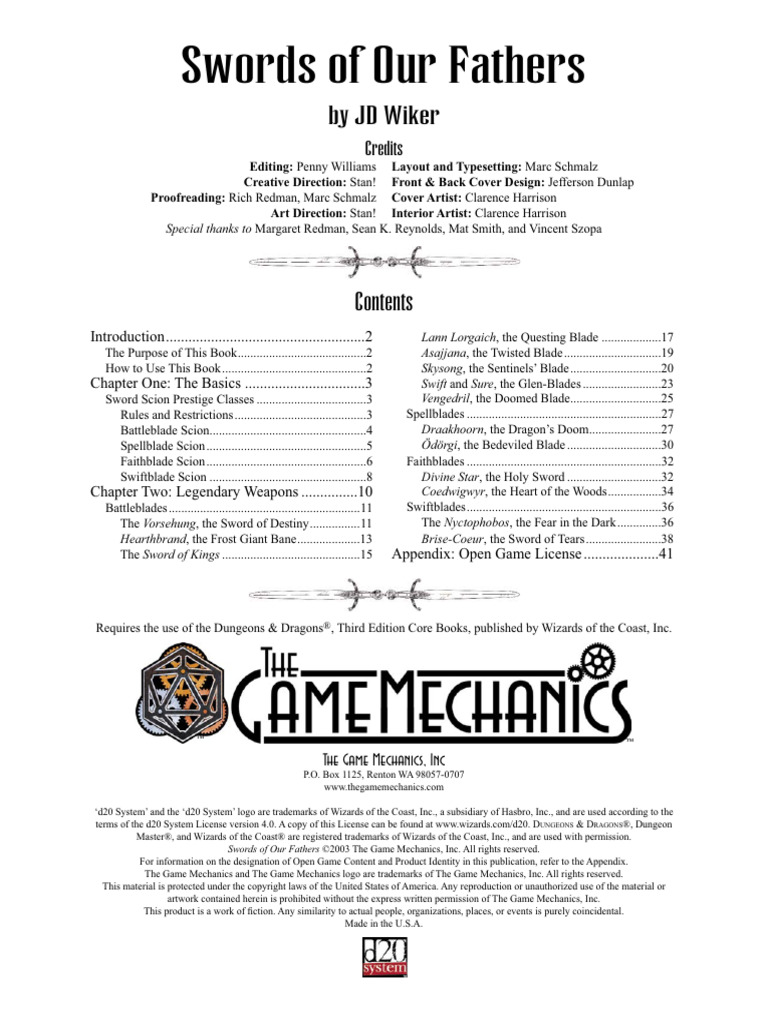 d20 The Game Mechanics Swords of Our Fathers | PDF d20 The Game Mechanics Swords of Our Fathers | PDF