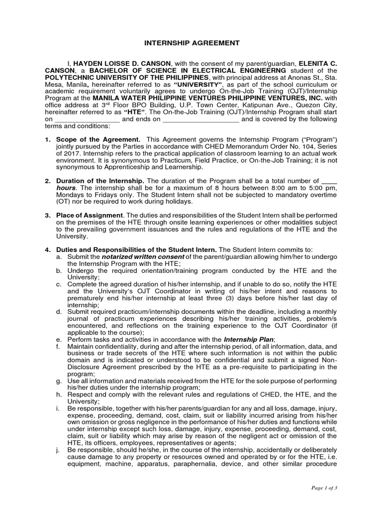 Internship Agreement For Pup Student Pdf Legal Liability Common Law