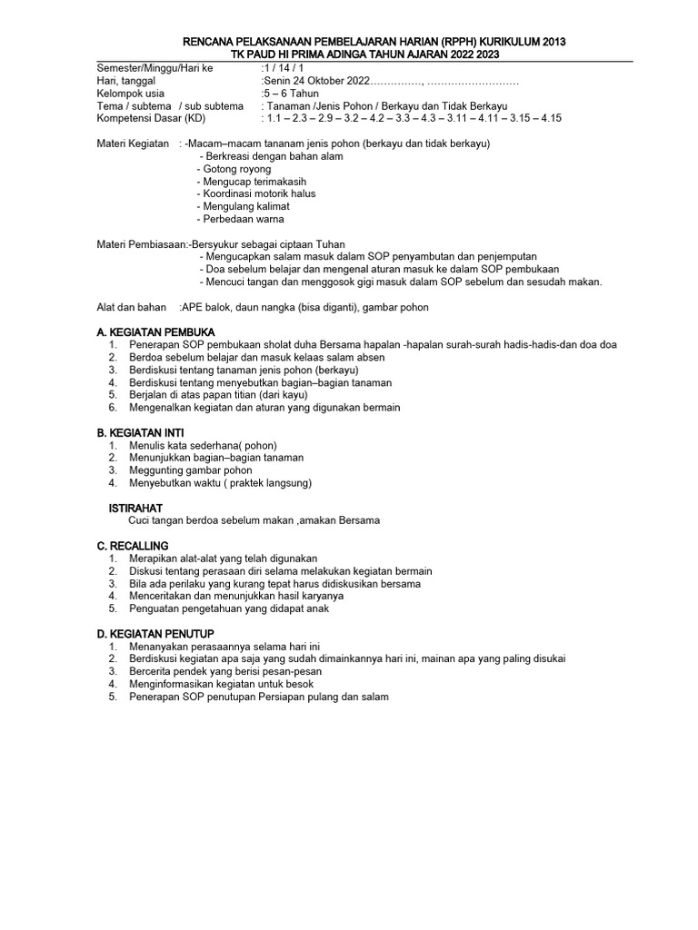 RPPH TK-B SMT1 Minggu - 14 - Jenis Pohon | PDF | Karier & Perkembangan