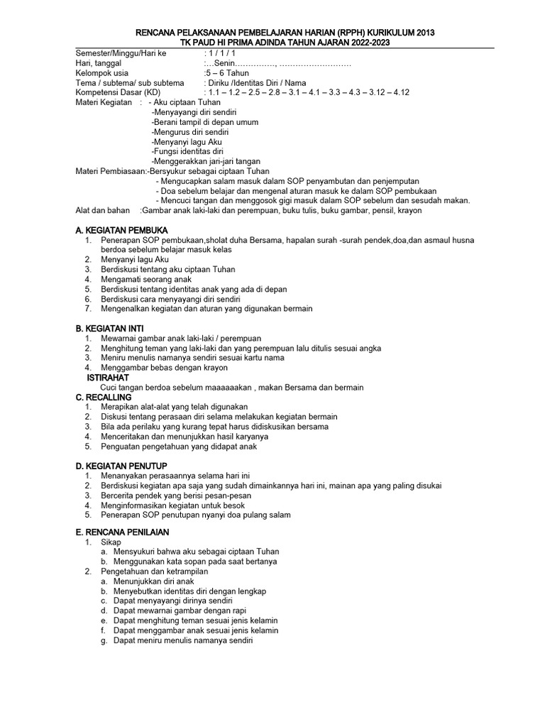 RPPH TK-B SMT1 Minggu - 01 - Identitas Diri | PDF | Kesehatan Holistik