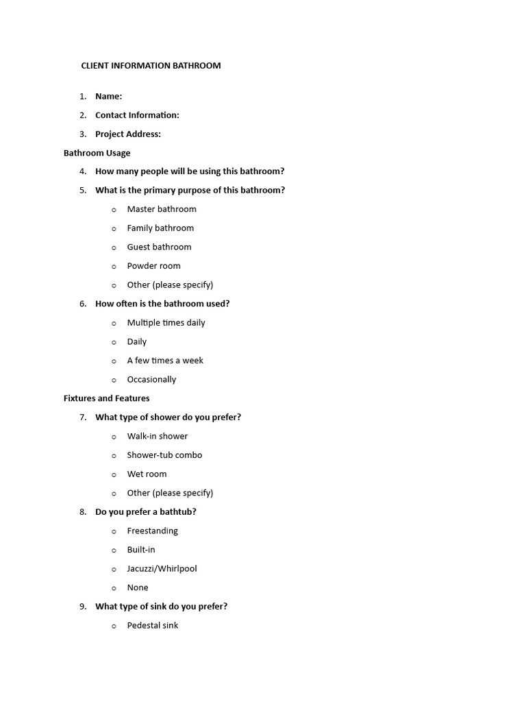 Bathroom Design Client Questionnaire | PDF | Bathroom | Shower