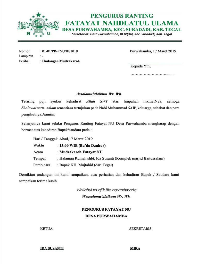 Undangan Mudzakaroh KH Mujtahid Tegal | PDF