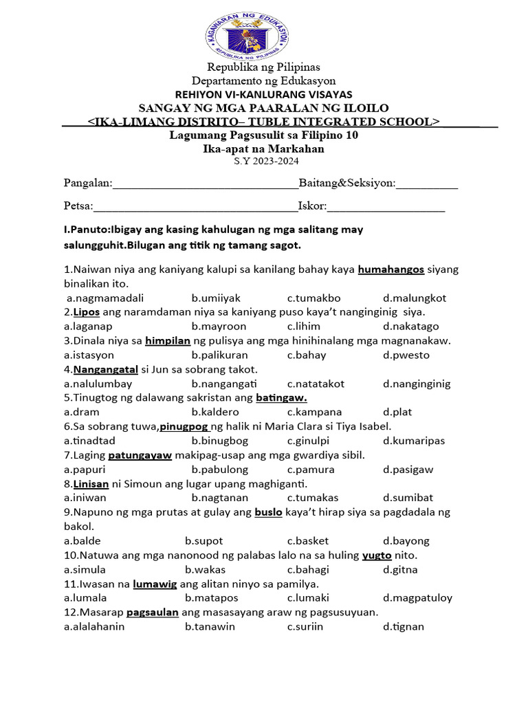 Final Exam (Fil 10) 4TH Quarter | PDF