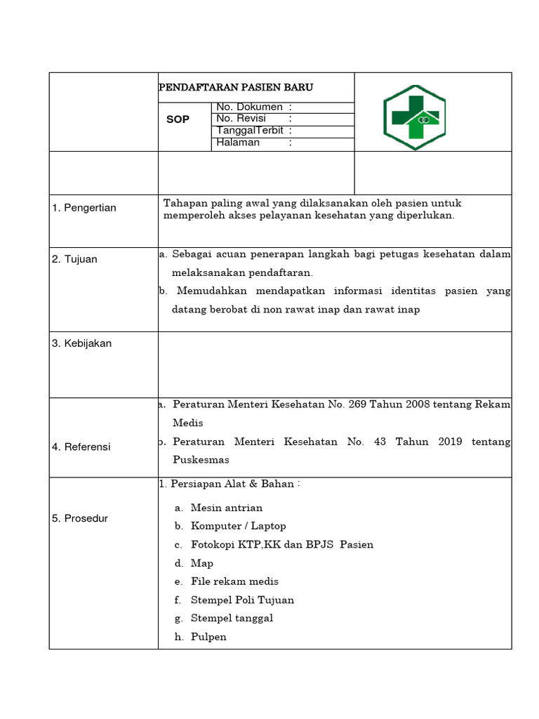 Sop Pendaftaran Pasien Baru PKM | PDF