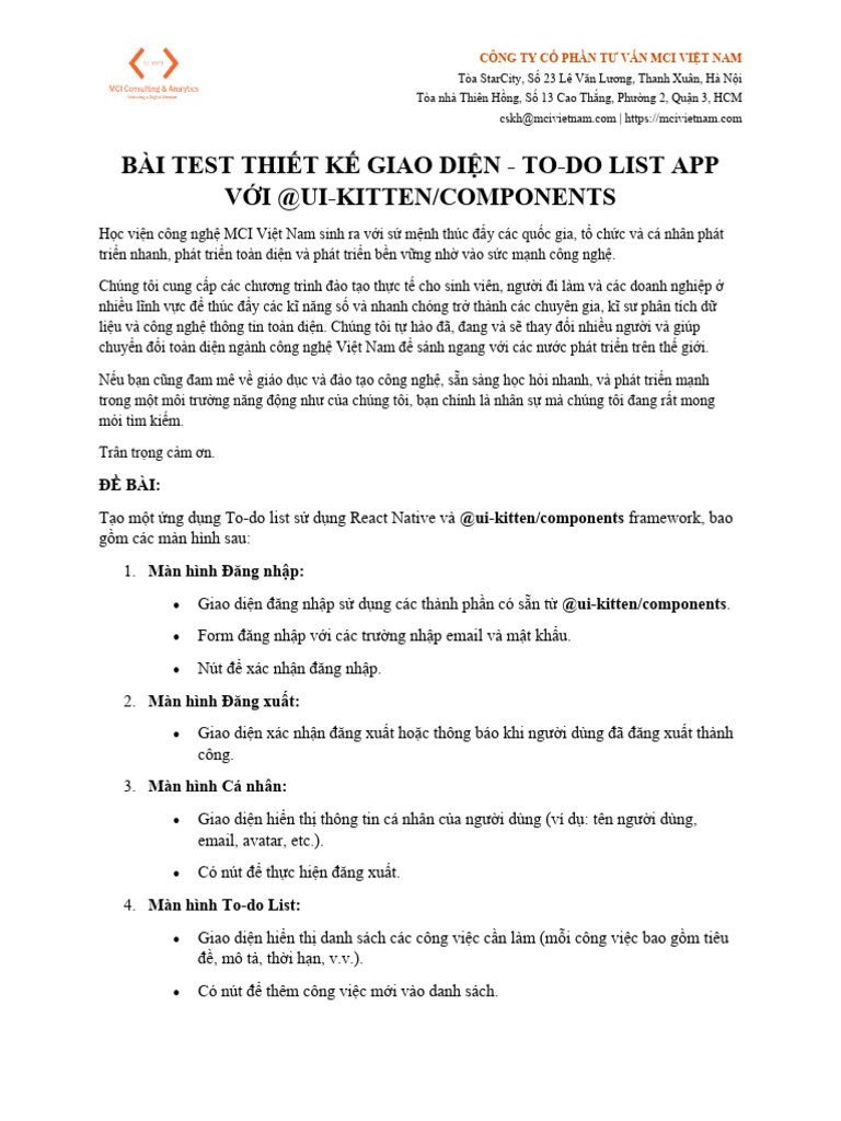 MCI - Bài Test Mobile App | PDF