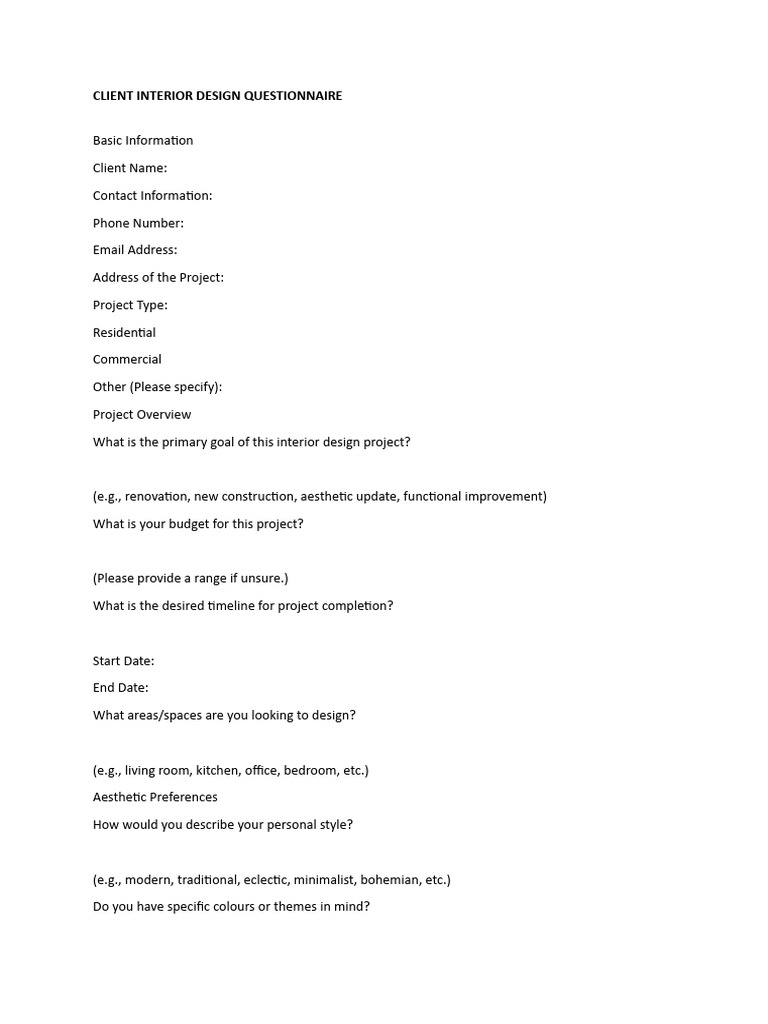 Client Interior Design Questionnaire | PDF | Interior Design | Home