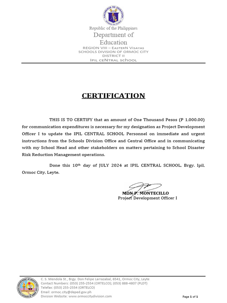 Certification for Communication Expenses | PDF | Payments | Taxes