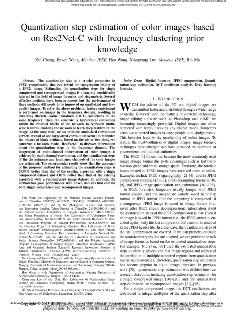 Quantization Step Estimation of Color Images Based On Res2Net-C With Frequency Clustering Prior ...