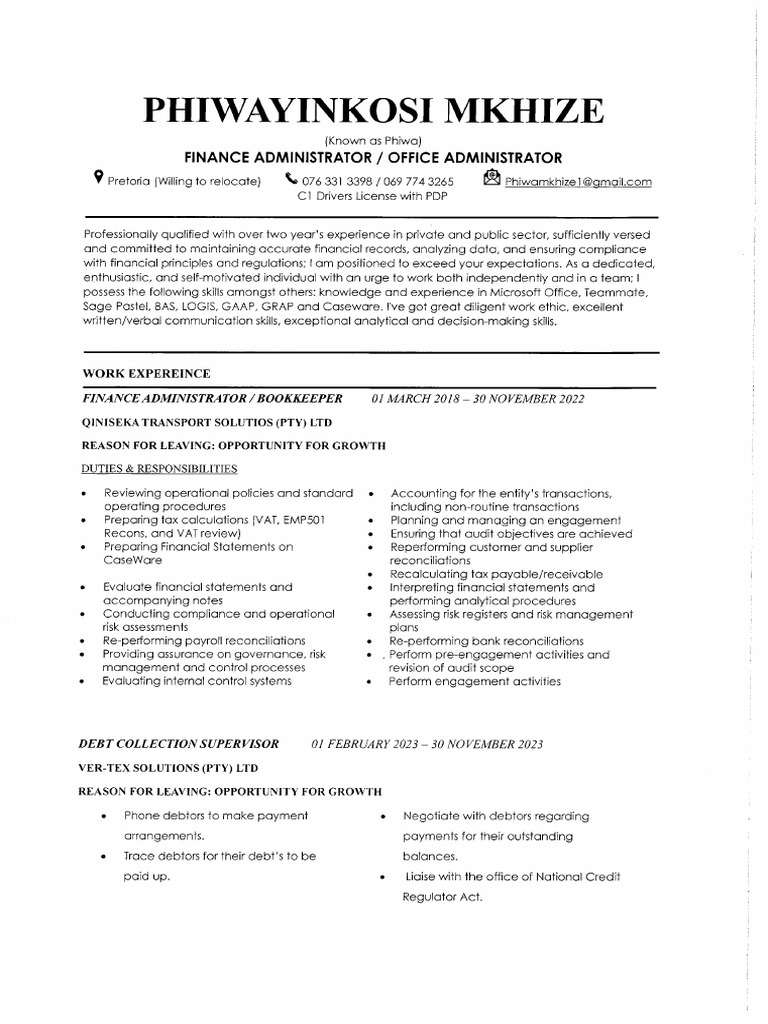 Phiwa Mkhize CV & Qualifications | PDF