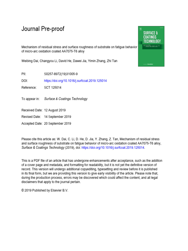 Journal Pre-Proof: Surface & Coatings Technology | PDF | Fatigue ...