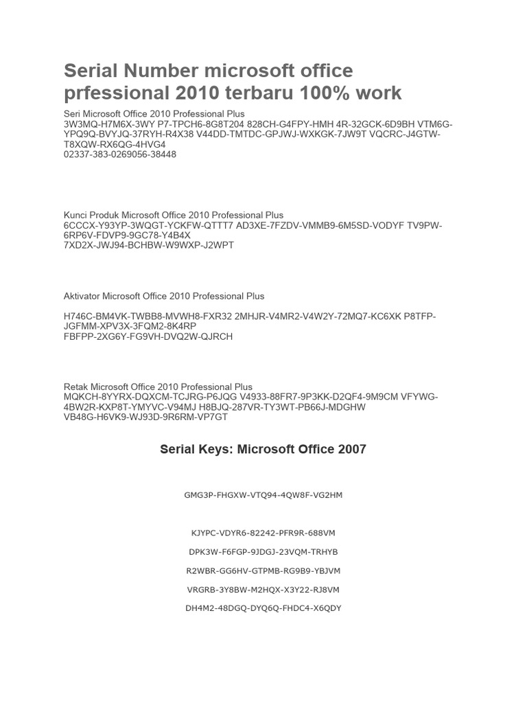 Serial Number Microsoft Office Prfessional 2010 Terbaru 100 | PDF