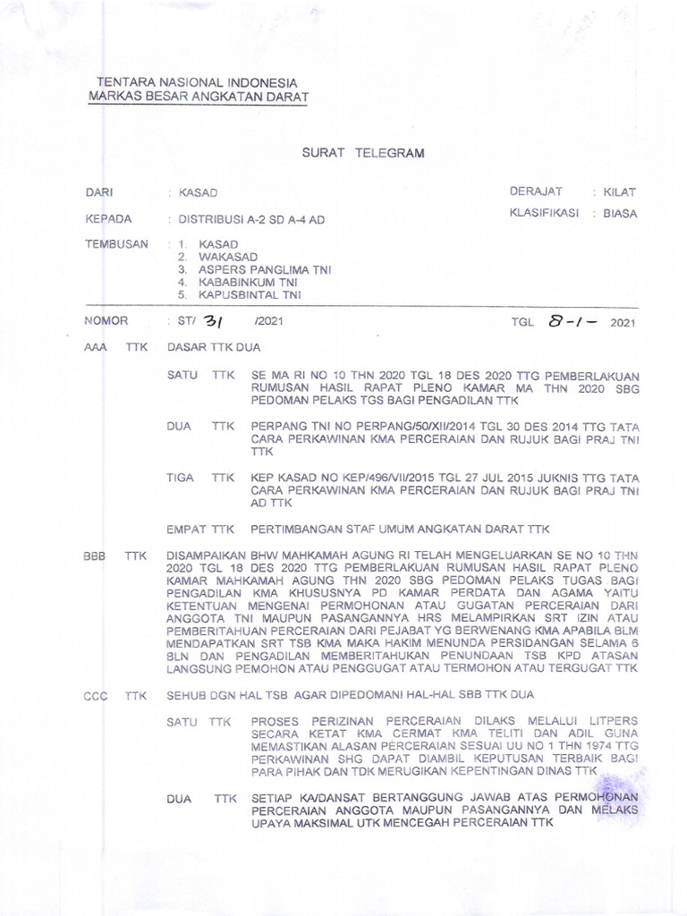0010 (ST TTG Prosedur Perceraian Di Lingk TNI AD) | PDF | Hukum