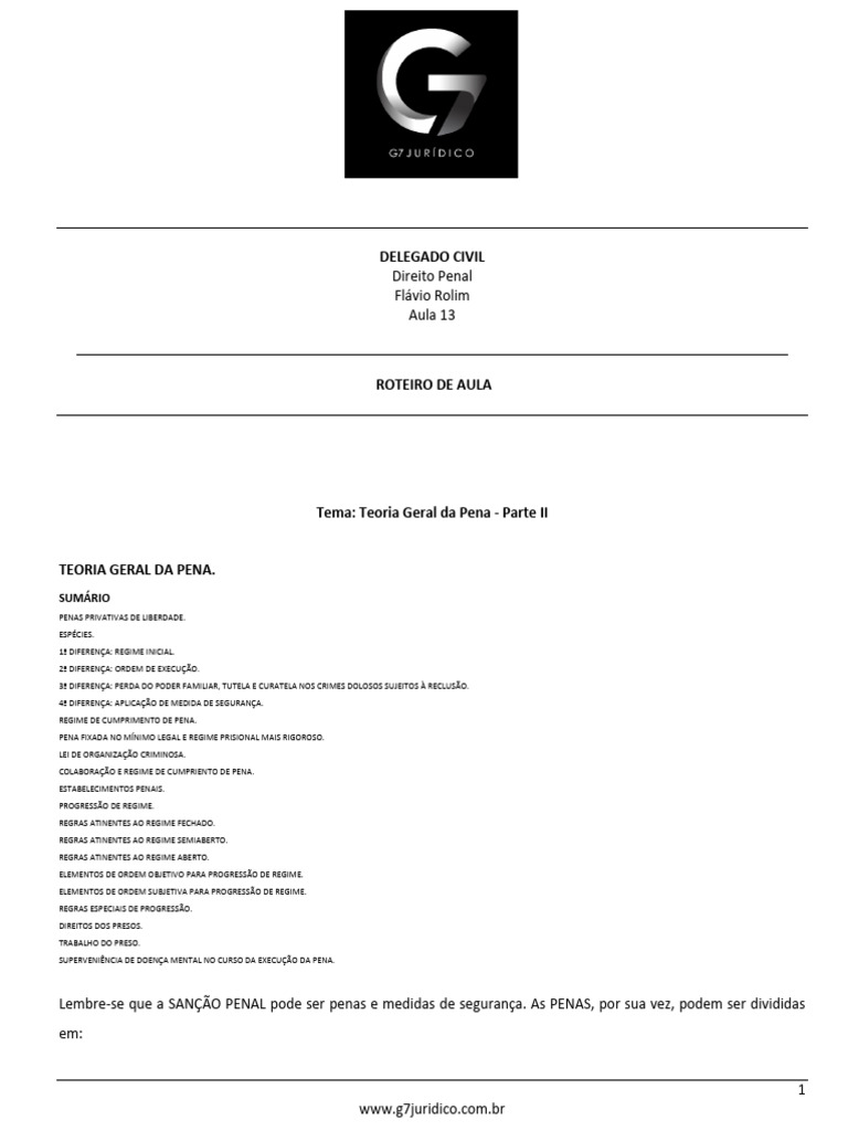 Roteiro de Aula - Delegado Civil - D. Penal - Flávio Rolim - Teoria Geral Da Pena - Parte II ...