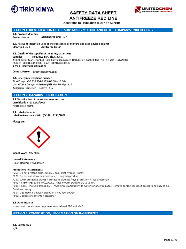 Antifreeze Red Line - SDS CLP Eng-00 | PDF | Safety | Occupational ...