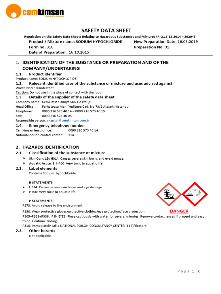GBF Sodium Hypochloride Eng | PDF | Dangerous Goods | Personal Protective Equipment