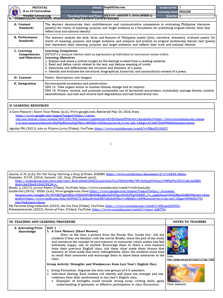 DLL Matatag - English 7 Q1 W1 | PDF | Cognition