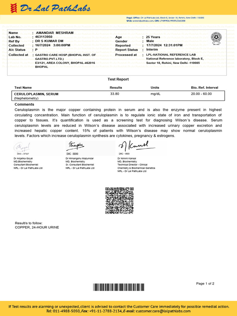 Serum Ceruloplasmin Test Report | PDF | Biochemistry | Chemistry