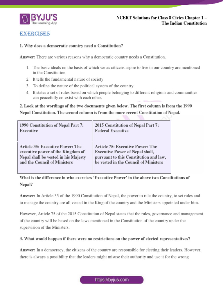 Ncert Solutions For Class 8 Civics Chapter 1 The Indian Constitution