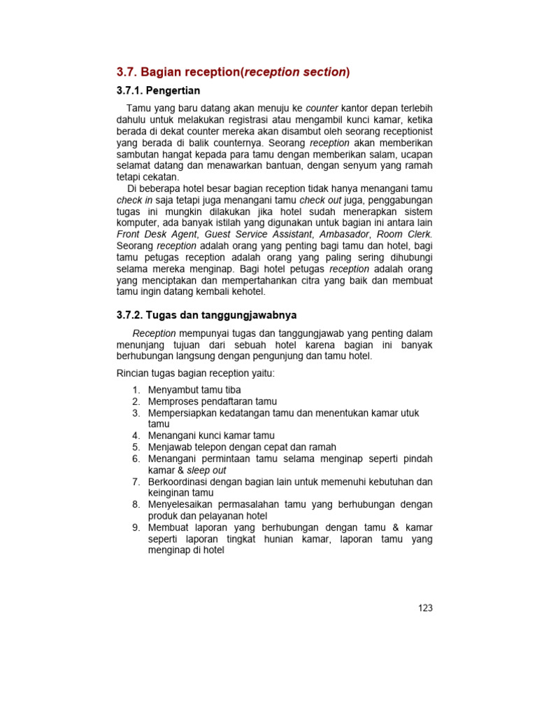 Tugas dan Peran Reception Hotel | PDF
