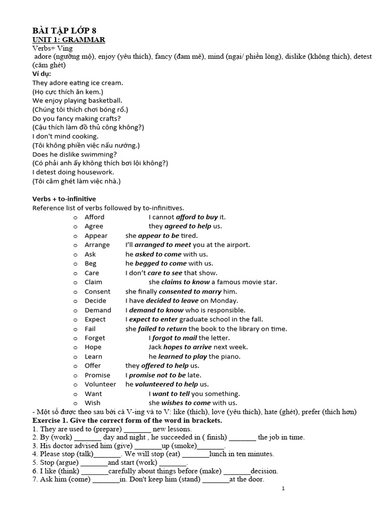 Grade 8 Grammar: Verbs + Ving and To-Infinitive | PDF