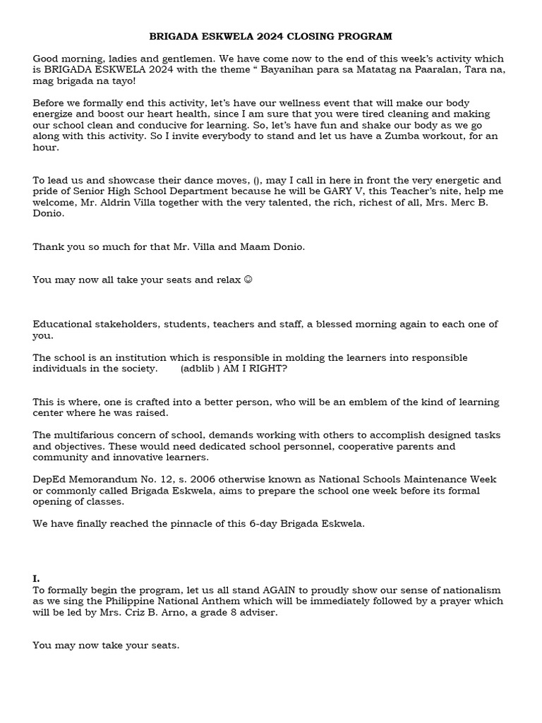 Brigada Eskwela 2024 Closing Program | PDF