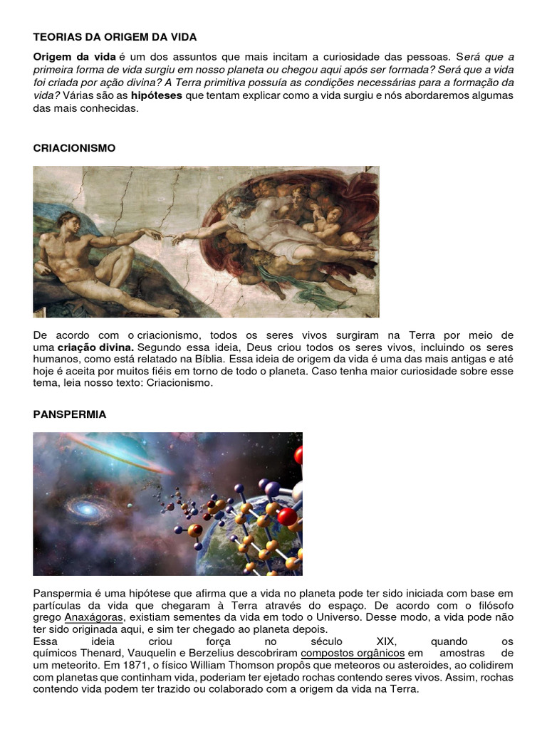Teorias Da Origem Da Vida | PDF | Abiogênese | Vida