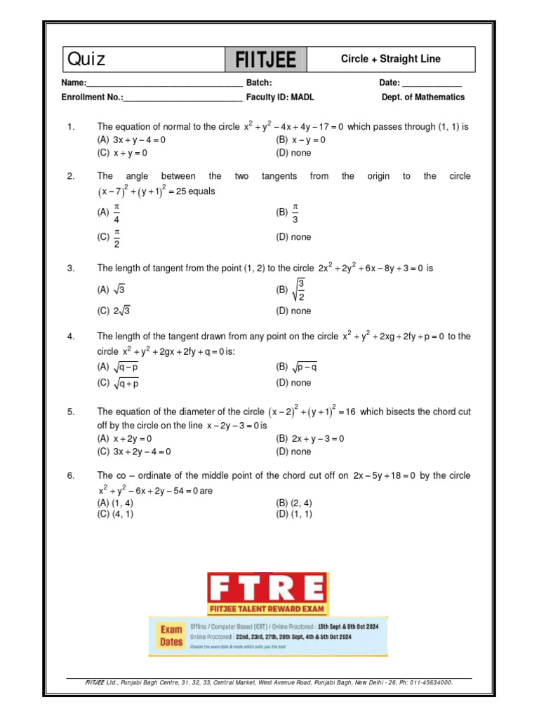 Quiz - Circle + SL | PDF | Circle | Algebraic Geometry