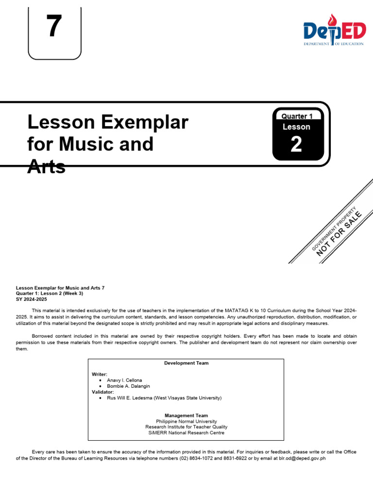 Grade 7 Music and Arts Lesson Exemplar | PDF | The Arts | Learning