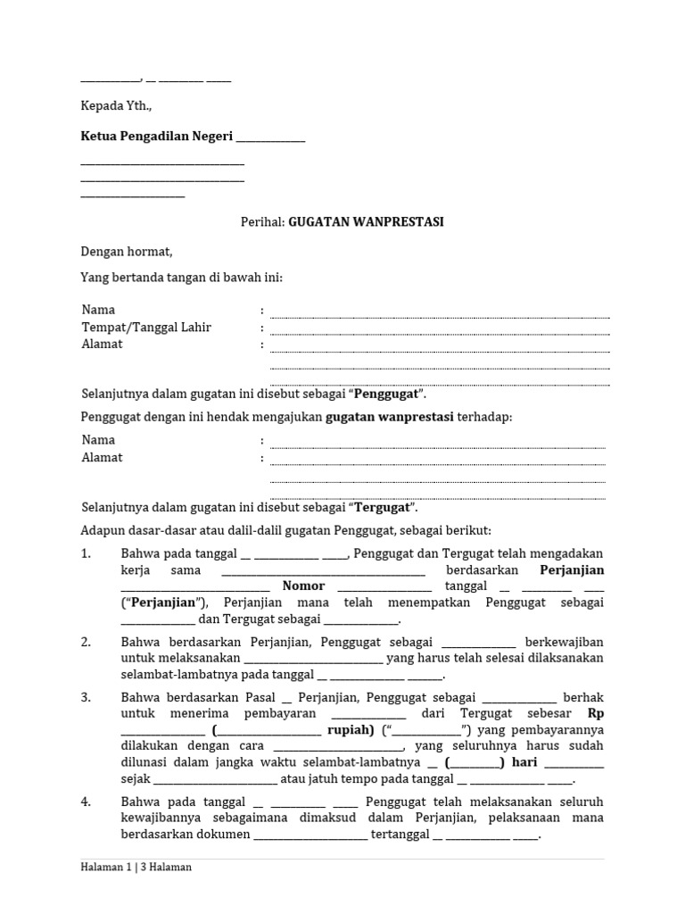 Draf Surat Gugatan Wanprestasi | PDF