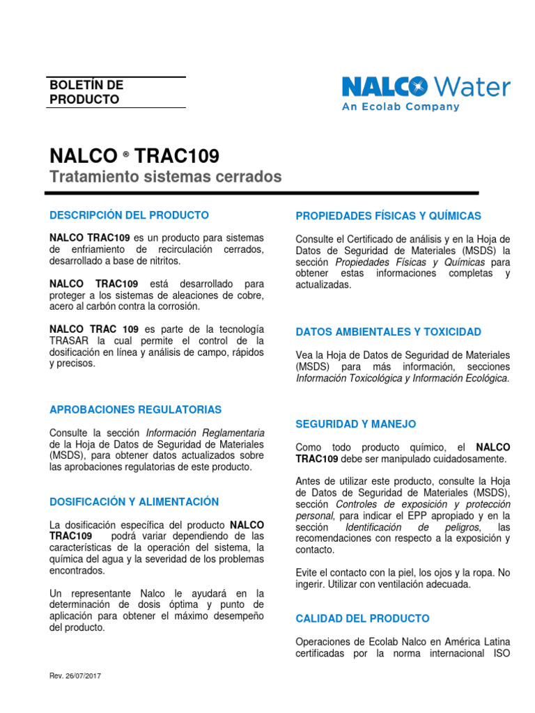 NALCO TRAC109 Closed System Treatment. - PB - SP (Español) | PDF