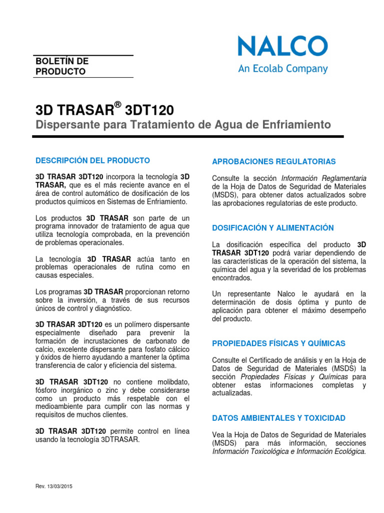 3D TRASAR 3DT120 Cooling Water Dispersant - SP | PDF | Agua | Química