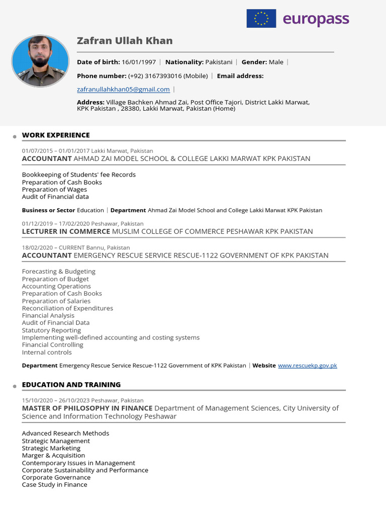 Zafran Ullah Khan Europass CV | PDF | Accounting | Pakistan