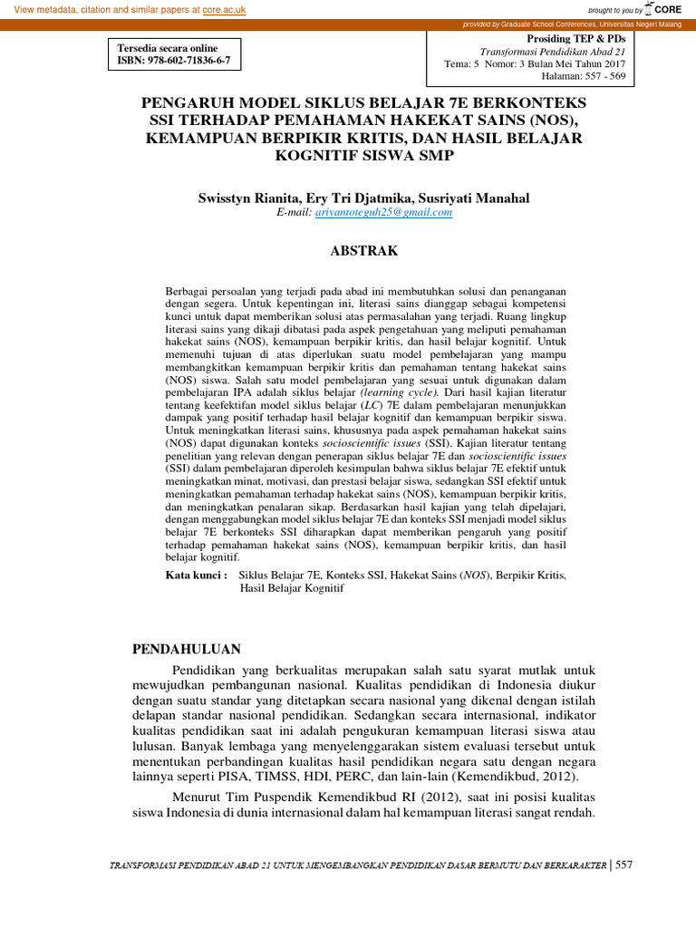 Pengaruh Model Siklus Belajar 7E Berkont | PDF