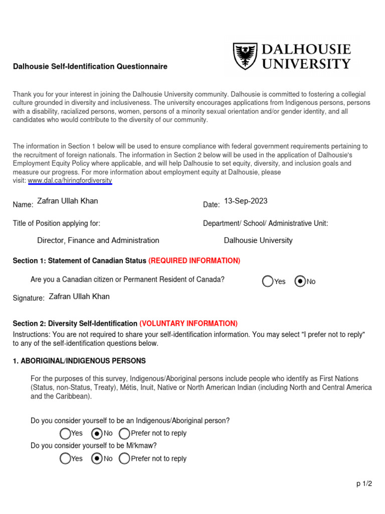 Dalhousie University Self-Identification Form | PDF | Disability ...