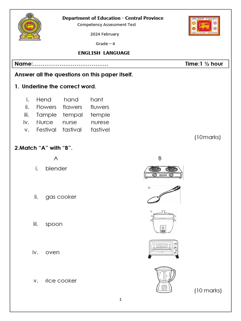 English Language Grade 4 2024 | PDF | Linguistics